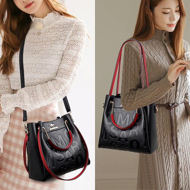 Women's Faux Leather Handbag with Embossed Letters and Red Handle ...