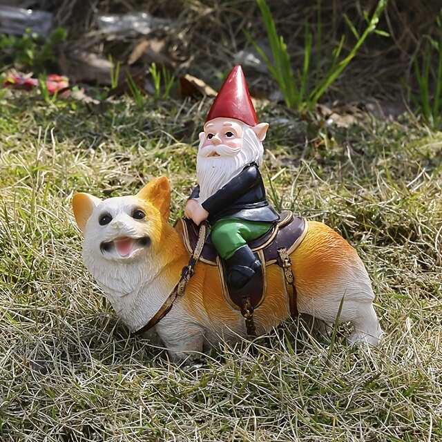 Funny Guy Garden Gnome Statue - Gnome Riding a Corgi - Indoor/Outdoor ...