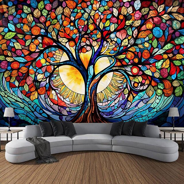 L.T.HOME Tree of Life Hanging Tapestry Stained Glass Colorful Wall Art ...