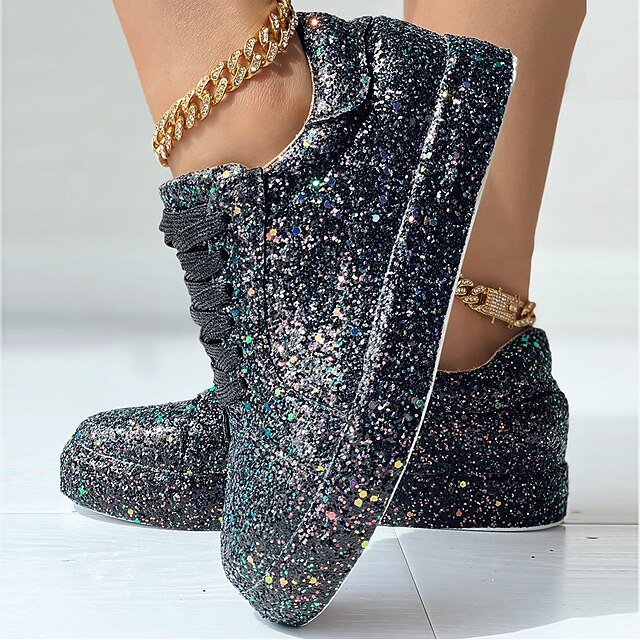 Women's Silver Glitter Platform Sneakers - Sparkly Lace-Up Casual Shoes ...
