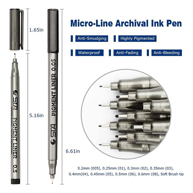 9pcs Black Micro-Pen Fineliner Ink Pens Waterproof For Drawing Artist ...