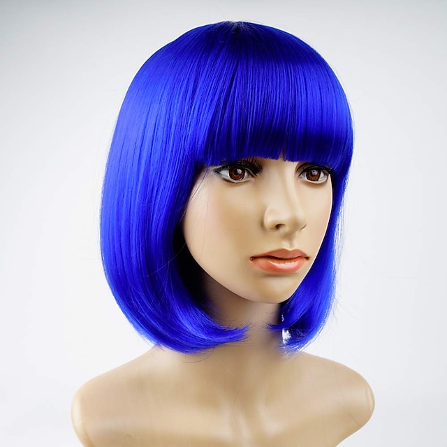 Blue Bob Wig With Bangs 12 Inch Royal Blue Wig Short Synthetic Fiber ...