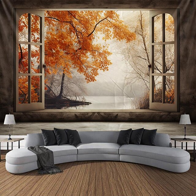Autumn Tapestry Hanging Autumn Maple Mist Forest Tapestry Window Elk ...