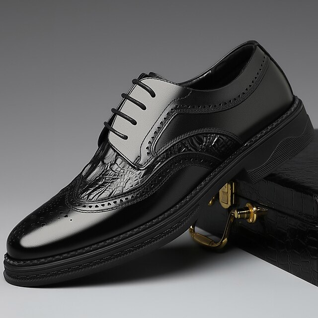 Men's Brown Brogue Leather Oxford Shoes - Crocodile Embossed Pattern ...