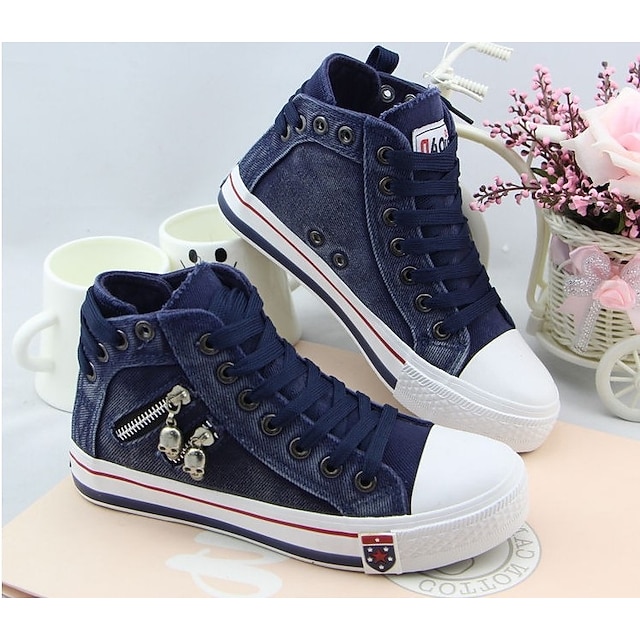 Women's Blue Denim High-Top Sneakers with Skull Charms and Zipper ...