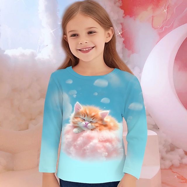 Girls' 3D Graphic Cartoon Cat T shirt Tee Long Sleeve 3D Print Summer ...