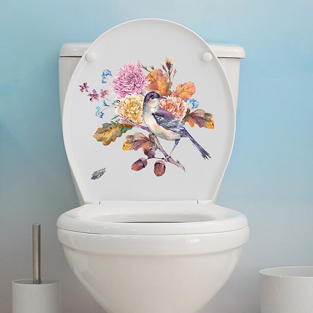 Birds Flowers Toilet Seat Lid Stickers Self-Adhesive Bathroom Wall ...