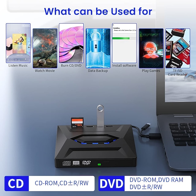 7 In 1 Portable USB 3.0 Ultra-thin External DVD Recorder Drive Reader ...