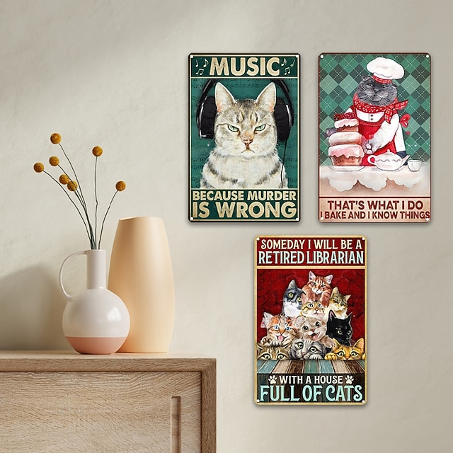 1pc Retro Metal Tin Sign Cute Cat Tin Sign Vintage Kitchen Signs Wall ...