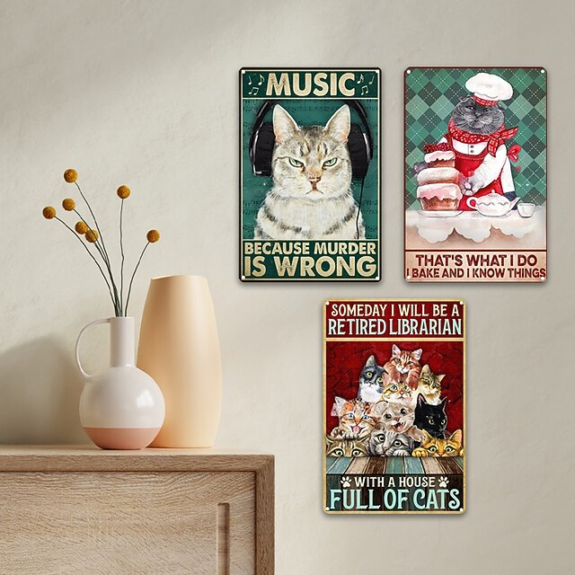 1pc Retro Metal Tin Sign Cute Cat Tin Sign Vintage Kitchen Signs Wall ...