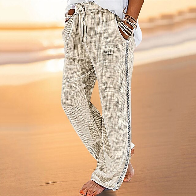 Herr Linne Byxor Långbyxor Strandbyxor Lappverk Snörning Elastisk midja ...