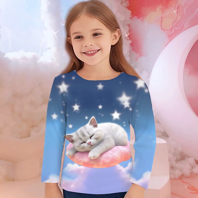 Girls' 3D Graphic Cartoon Cat T shirt Tee Long Sleeve 3D Print Summer ...