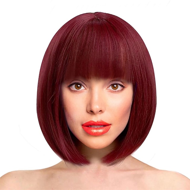 Carnival Wig Pink Red Black Straight Bob Short Synthetic Festival Wig ...