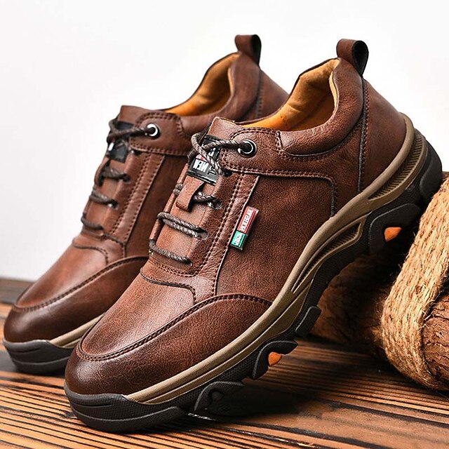 Men's Brown Faux Leather Casual Hiking Shoes with Rugged Sole and Lace ...