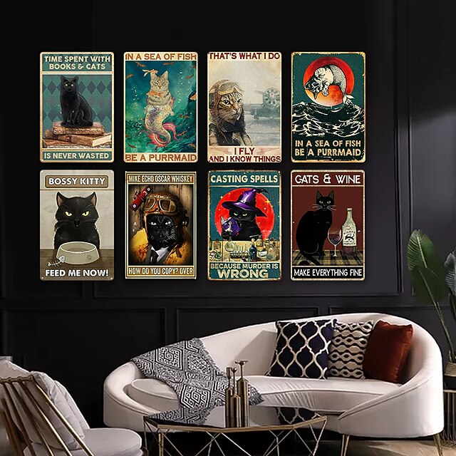 1pc Retro Metal Tin Sign Cat Wine Tin Sign Vintage Kitchen Signs Wall ...