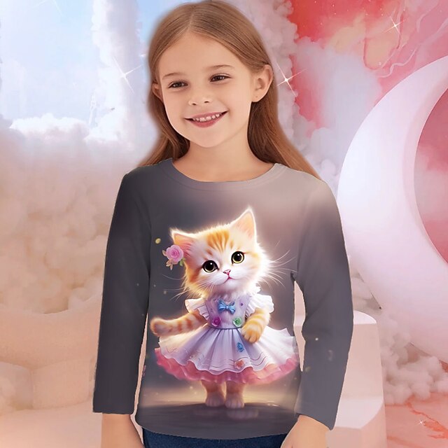 Girls' 3D Graphic Cartoon Cat T shirt Tee Long Sleeve 3D Print Summer ...