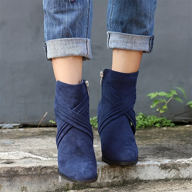Women's Blue Suede Ankle Boots – Stylish Block Heel Short Booties with ...