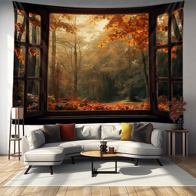 Autumn Tapestry Hanging Autumn Maple Mist Forest Tapestry Window Elk ...