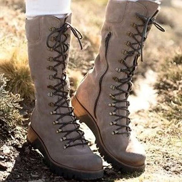 Women's Navy Suede Lace-Up Combat Boots with Side Zipper and Rugged ...