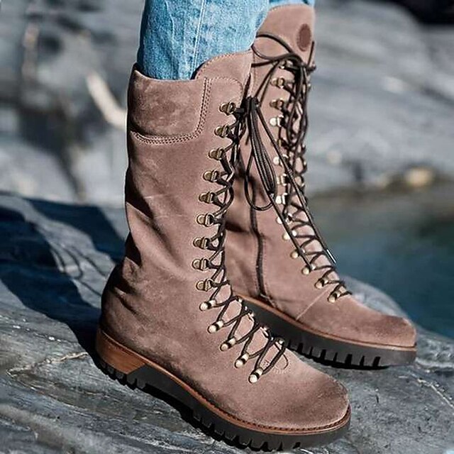 Women's Navy Suede Lace-Up Combat Boots with Side Zipper and Rugged ...