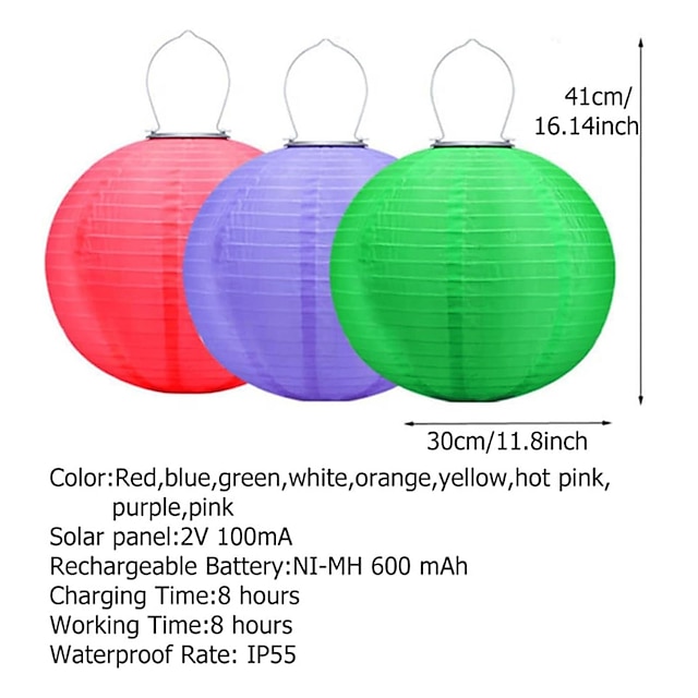 12" Solar Powered Lanterns Waterproof Outdoor Nylon Cloth Paper Lantern ...