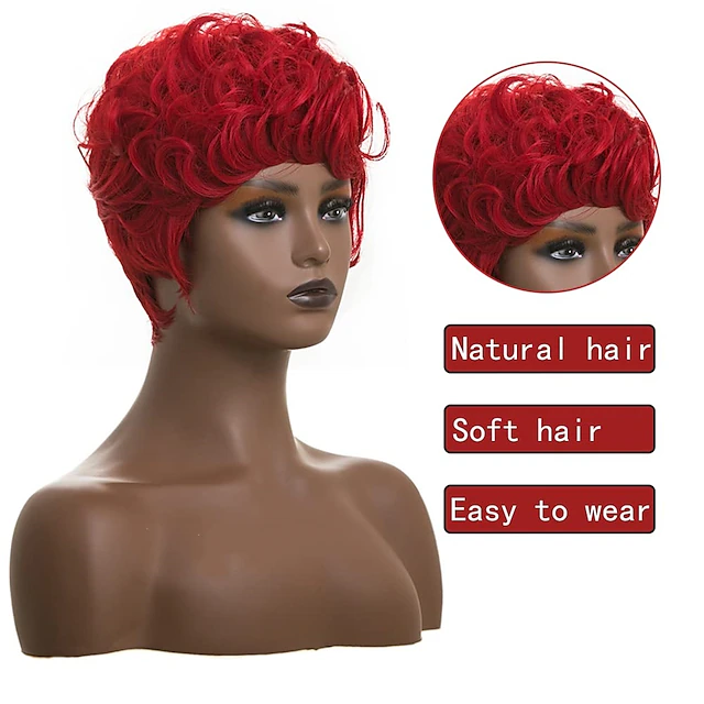 Red Pixie Wig For Women Natural Wavy Hair Replacement Pixie Wigs Short Cut Wig With Bangs Red