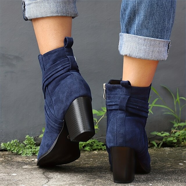 Women's Blue Suede Ankle Boots – Stylish Block Heel Short Booties with ...