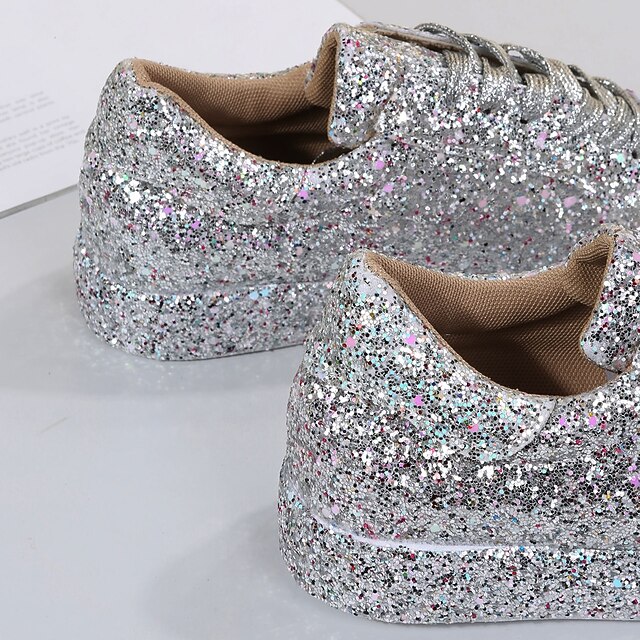Women's Silver Glitter Platform Sneakers - Sparkly Lace-Up Casual Shoes ...