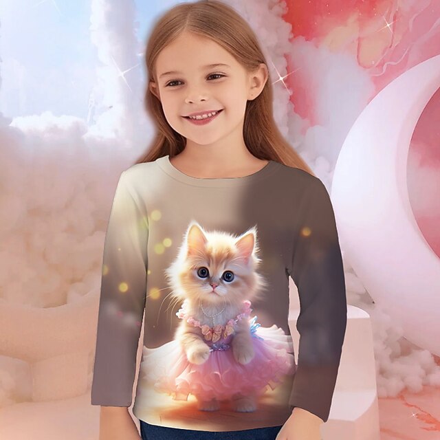 Girls' 3D Graphic Cartoon Cat T shirt Tee Long Sleeve 3D Print Summer ...