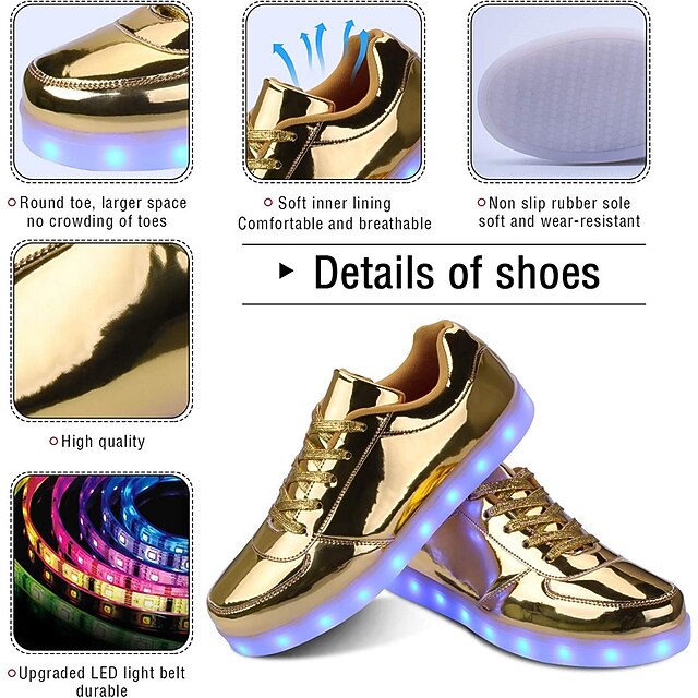 Men's Gold High-Top LED Sneakers - Shiny Light-Up Shoes with ...