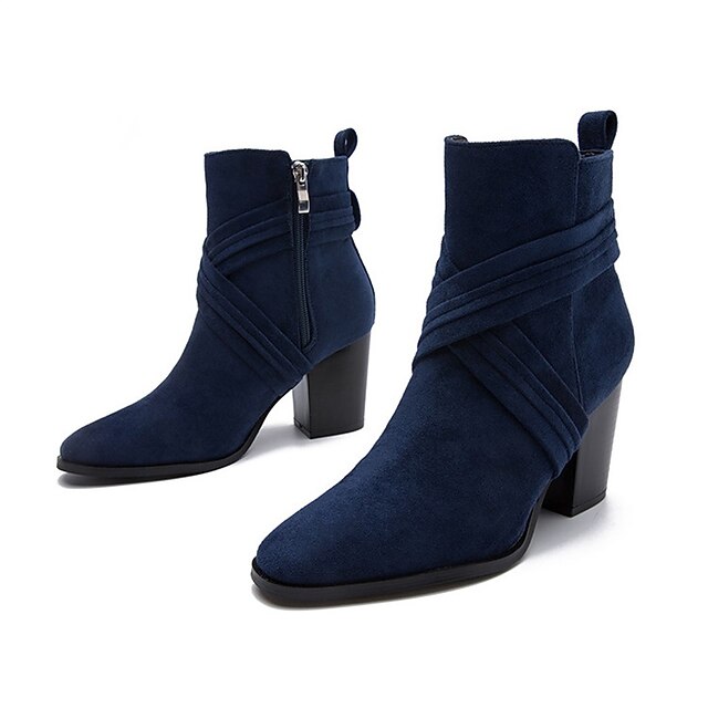 Women's Blue Suede Ankle Boots – Stylish Block Heel Short Booties with ...