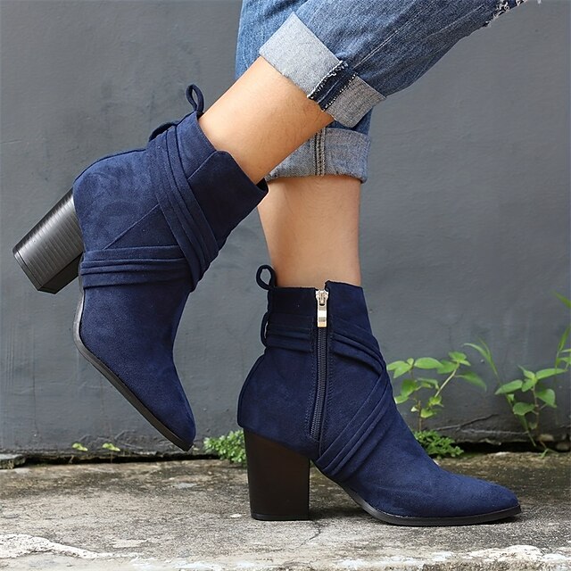 Women's Blue Suede Ankle Boots – Stylish Block Heel Short Booties with ...