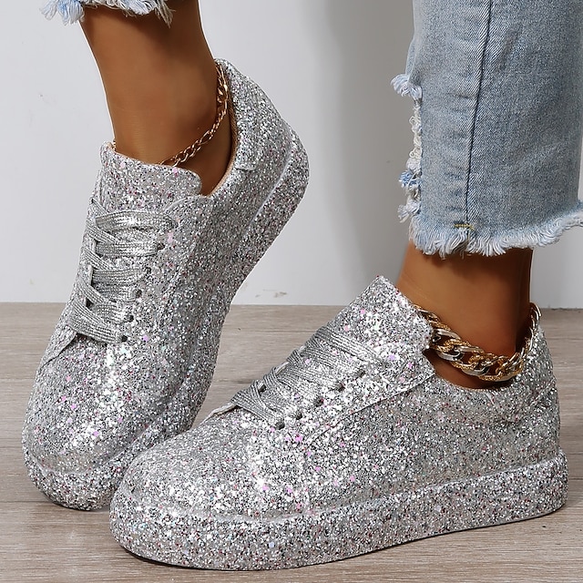 Women's Silver Glitter Platform Sneakers - Sparkly Lace-Up Casual Shoes ...