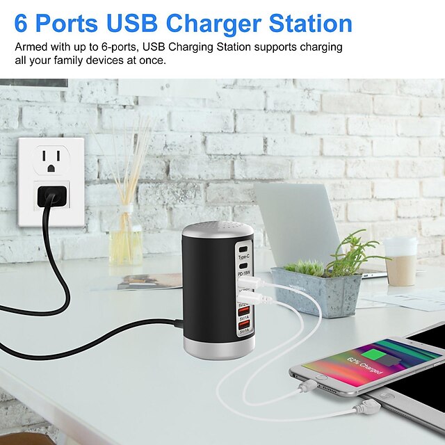 6 Port Desktop Charger, 65W USB Hub Charging Station (3 x USB+Type C ...