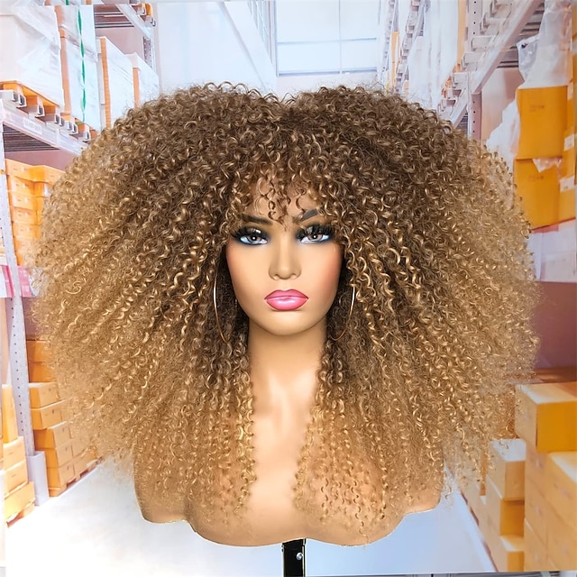 18Inch Long Curly Wig With Bangs for Black Women Afro Bomb Kinky Curly ...