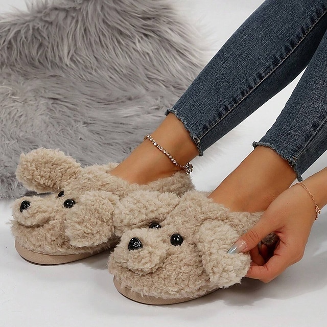 Cute Dog Face Fleece Slippers for Women – Warm, Cozy Indoor Shoes with ...