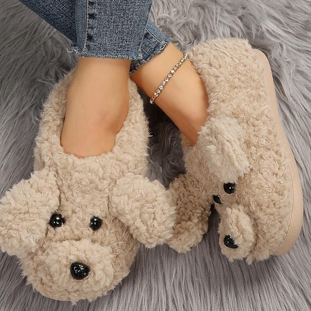 Cute Dog Face Fleece Slippers for Women – Warm, Cozy Indoor Shoes with ...