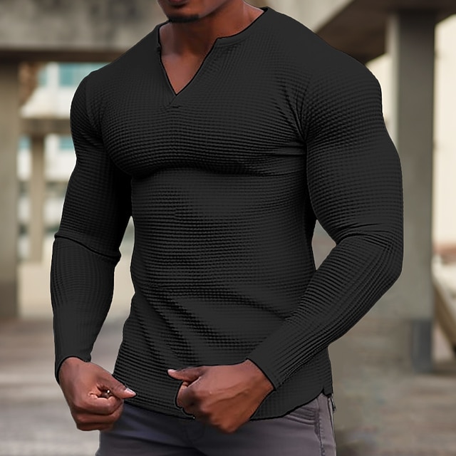 Men's Waffle Shirt T Shirt Tee Top Long Sleeve Shirt Long Sleeve V Neck ...