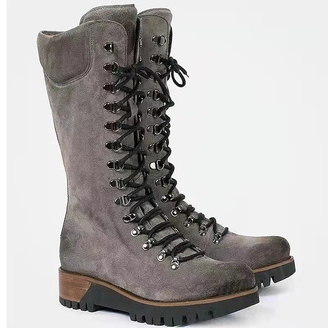 Women's Navy Suede Lace-Up Combat Boots with Side Zipper and Rugged ...