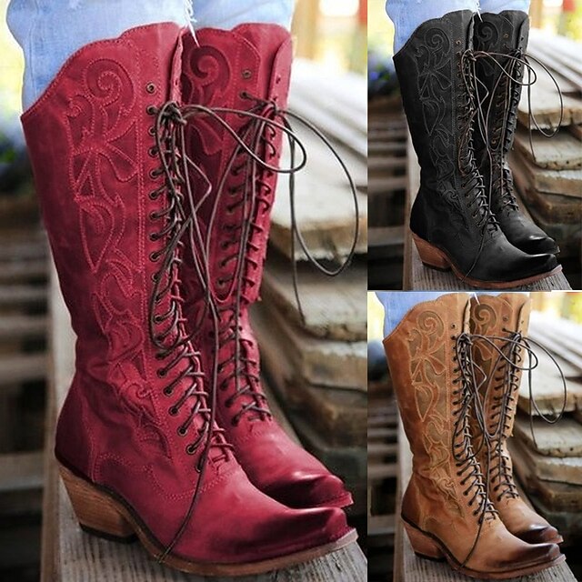 Vintage Red Lace-Up Western Cowboy Boots - Women's Knee-High Leather ...