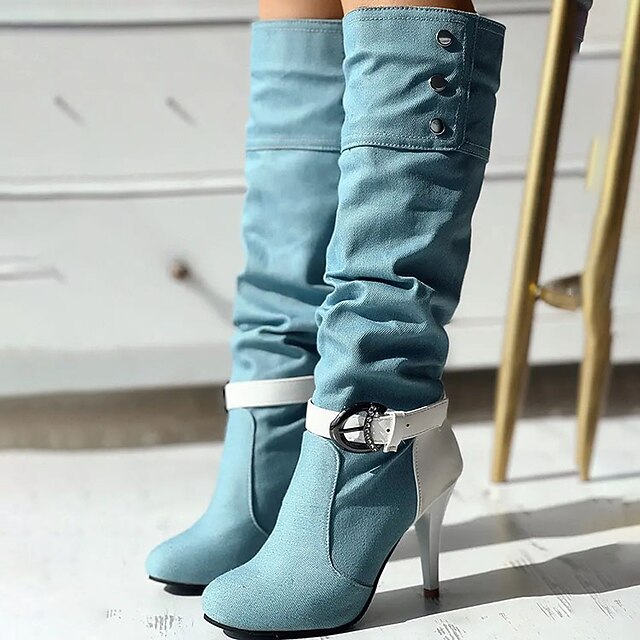 Women's Light Blue Denim Stiletto Boots – Buckle Strap High Heel Slouch ...