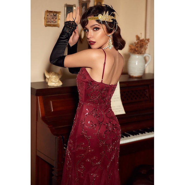 Set with Maxi Flapper Dress Feather Headband Fans Opera Gloves Necklace ...