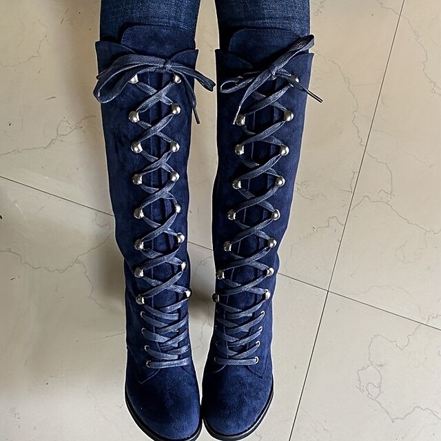 Women's Blue Knee-High Lace-Up Boots with Block Heels for Fashion and ...