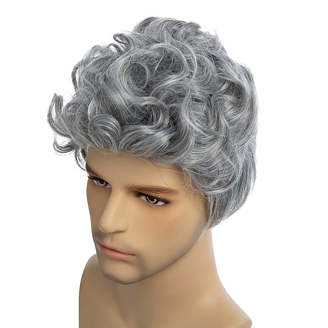 Mens Grey Wig Short Curly Grey Wig Synthetic Heat Resistant Costumes ...