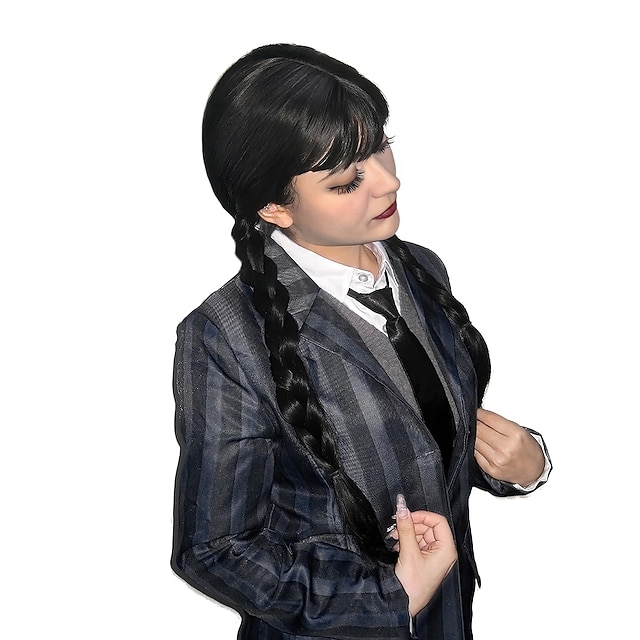 Black Wig with Bangs Long Pigtails Wig for Women Girls Addams Family ...