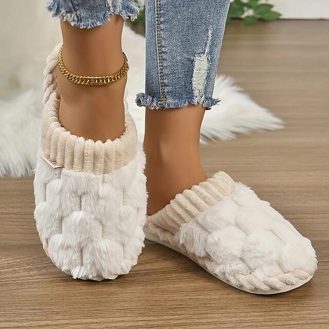 Women's Pink Fuzzy Slippers, Cozy Indoor House Shoes with Knitted Upper ...