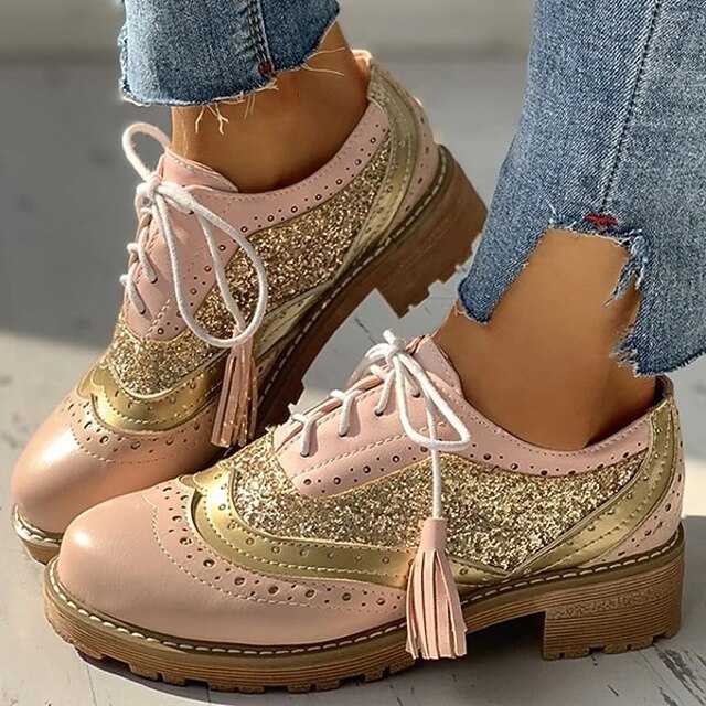 Women's Pink and Gray Glitter Wingtip Oxford Shoes with Chunky Sole ...