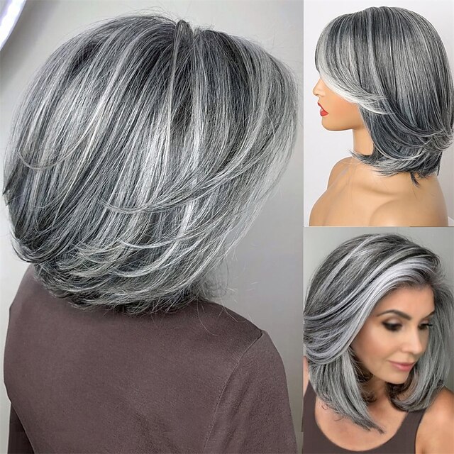 Ombre Layered Gray Wigs for Women Long Silver Wig Shoulder-Length Gray ...