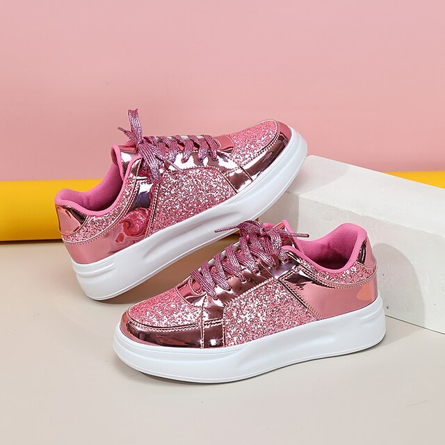 Women's Sparkly Pink Glitter Sneakers with Lace-Up Closure and ...
