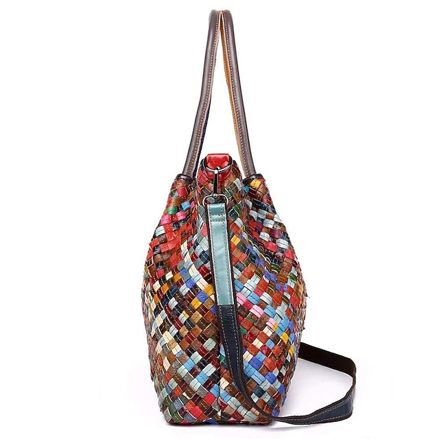 Women's Multicolor Woven Leather Tote Bag with Dual Straps and Boho ...